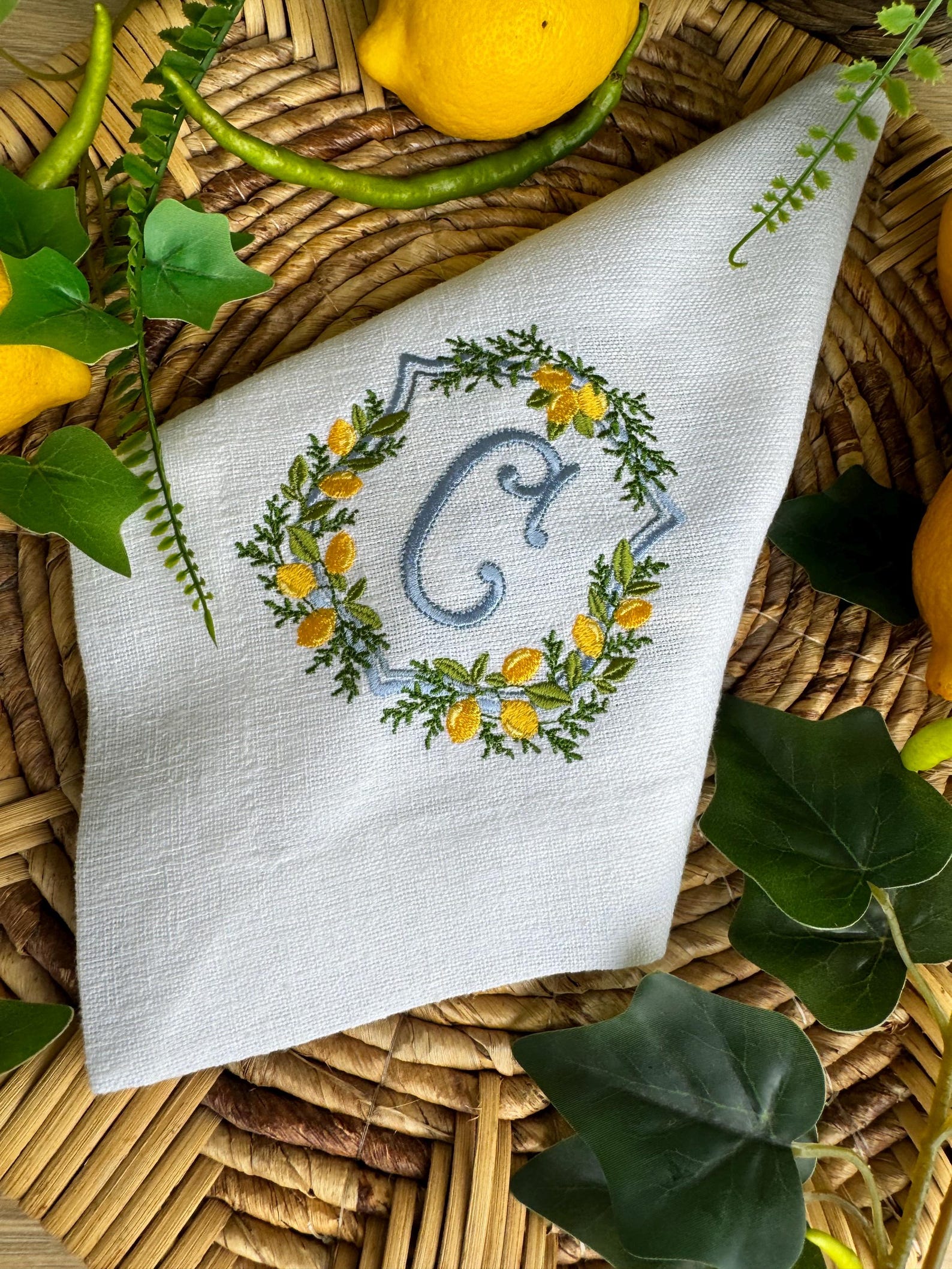 Personalized Lemon Wreath Embroidered Linen Napkin - Custom Initials ...