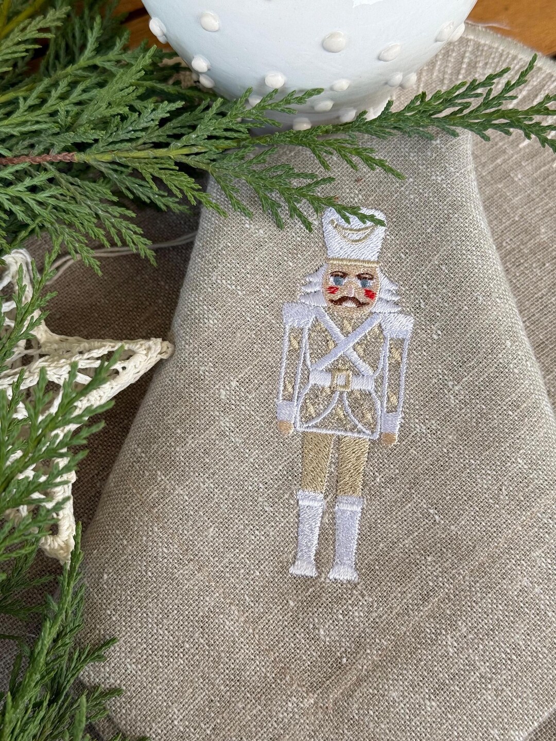 White Nutcracker Embroidered Linen Napkins - Christmas Table Decor ...