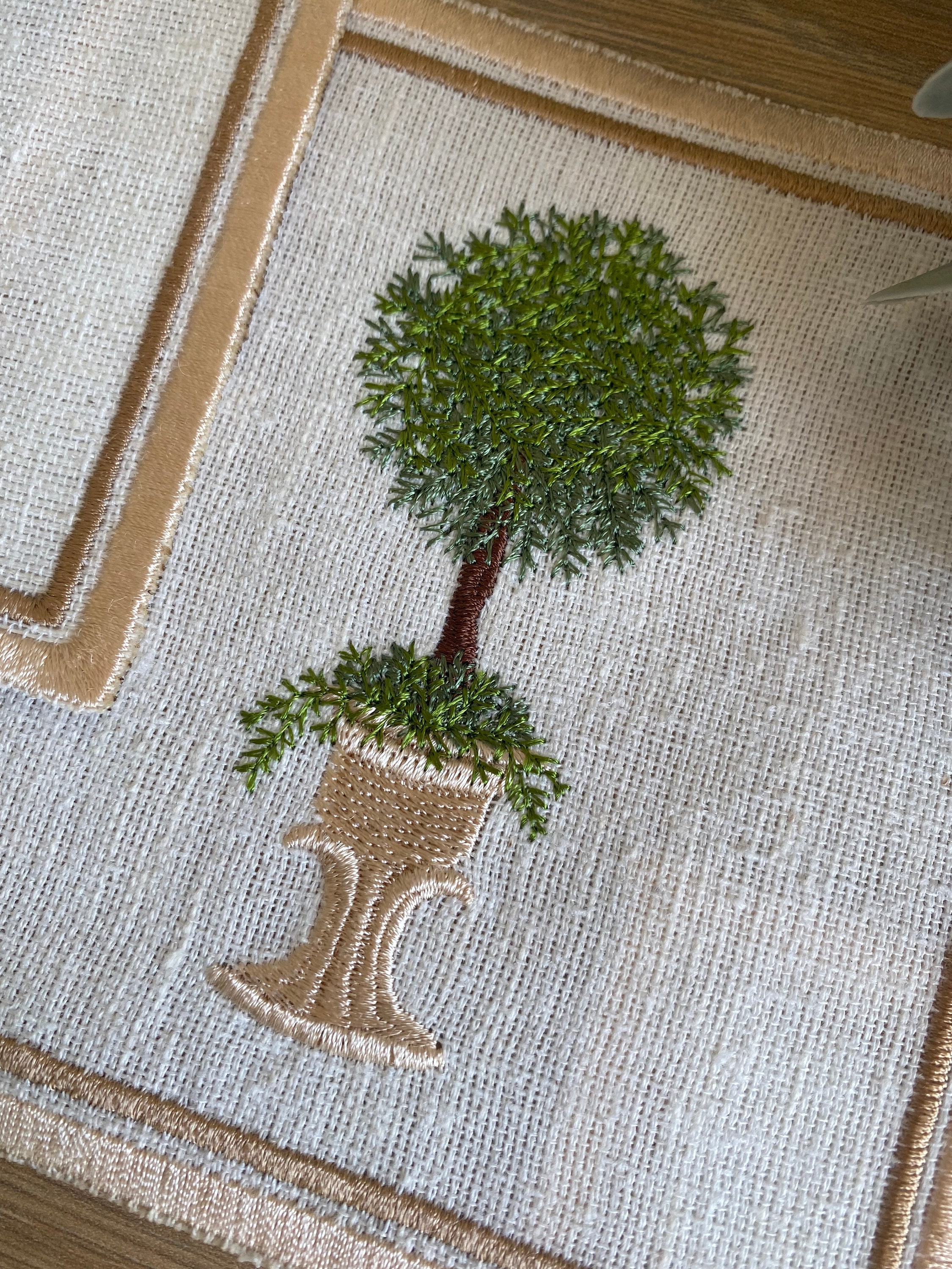 Realistic Winter Topiary Embroidered Linen Cocktail Napkins - Rustic ...