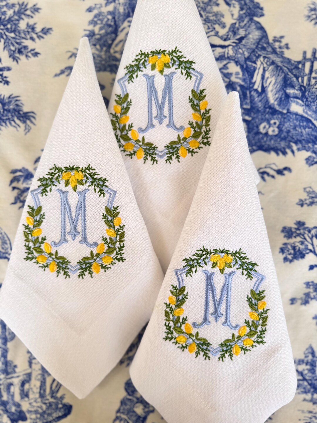 Personalized Lemon Wreath Embroidered Linen Napkin - Custom Initials ...