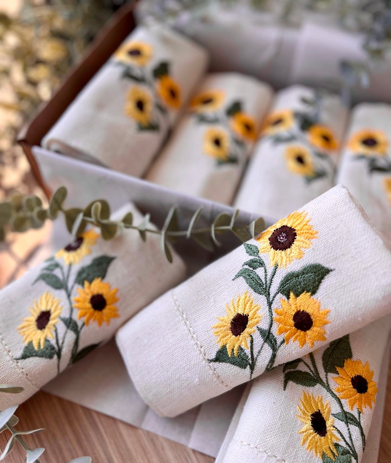 Sunflower Embroidered Linen Napkins | Personalized Rustic Dinner ...