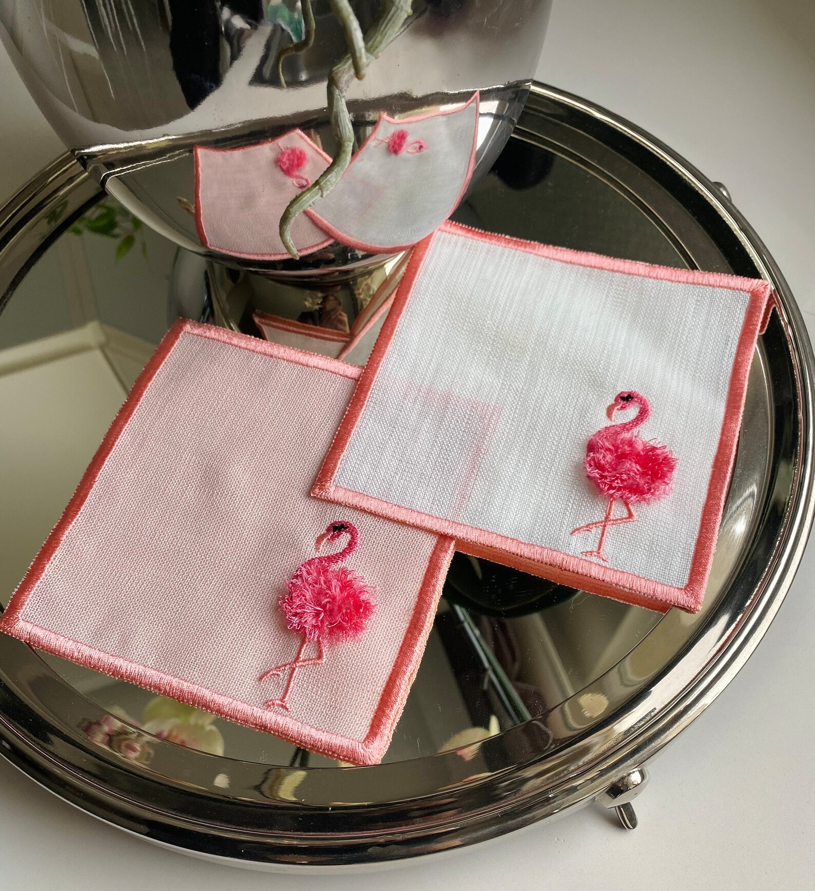 Flamingo Embroiedered Cocktail Napkin | Flamingo Mug Rug | Housewarming ...