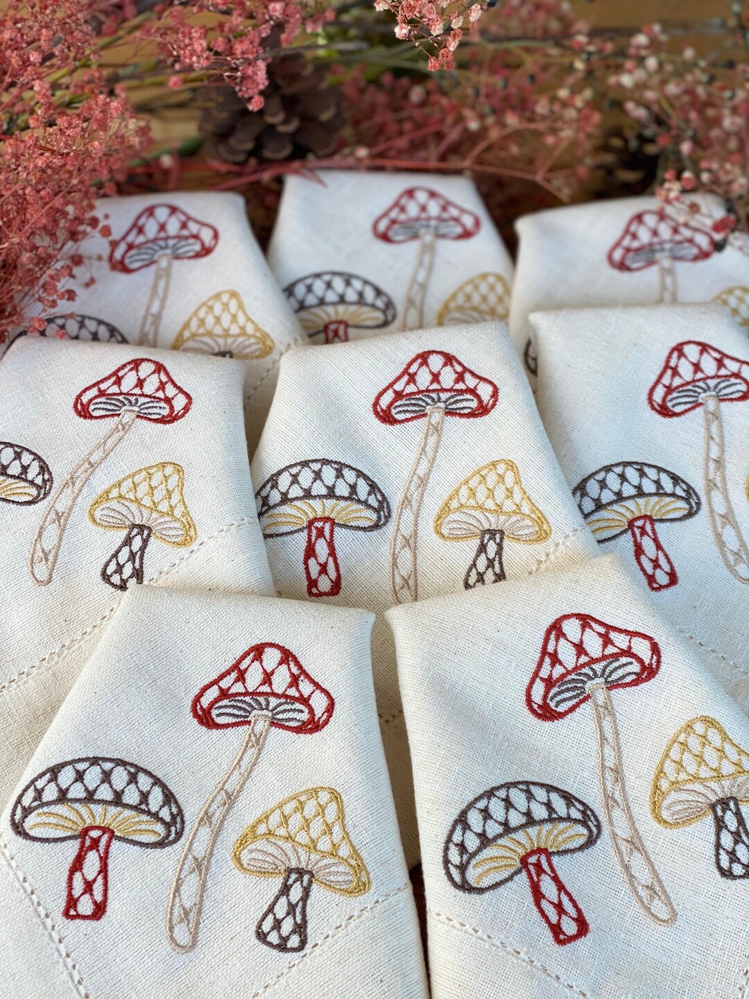 Charming Embroidered Mushroom Linen Napkins for Rustic Elegance Perfect ...