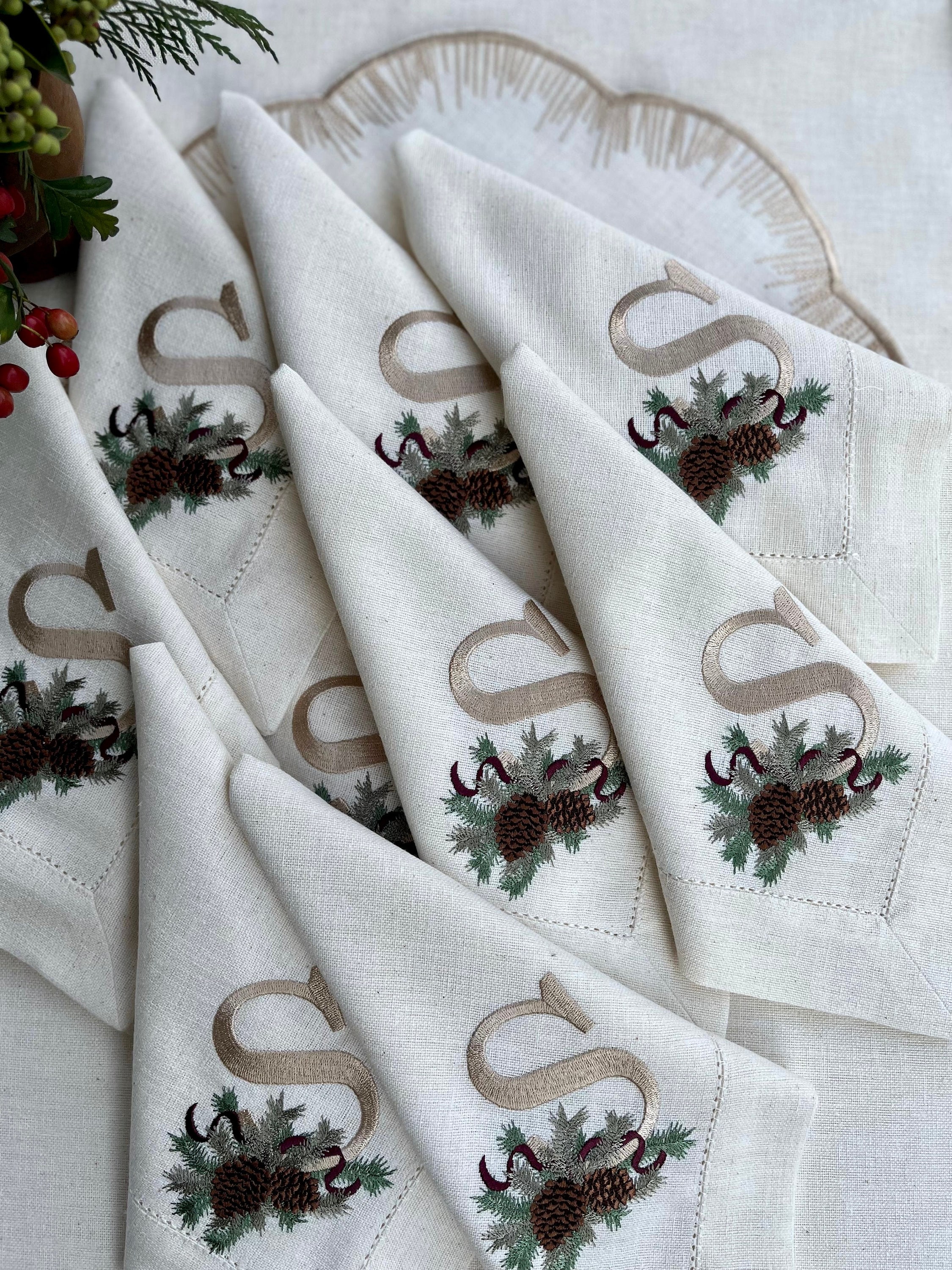 Embroidered Linen Napkins With Pine Cone Monogrammed Perfect ...