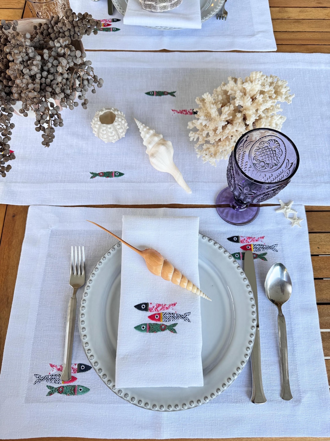 Fish Embroidered Linen Table Setting - Table Runner, 4 Placemats, and 4 ...