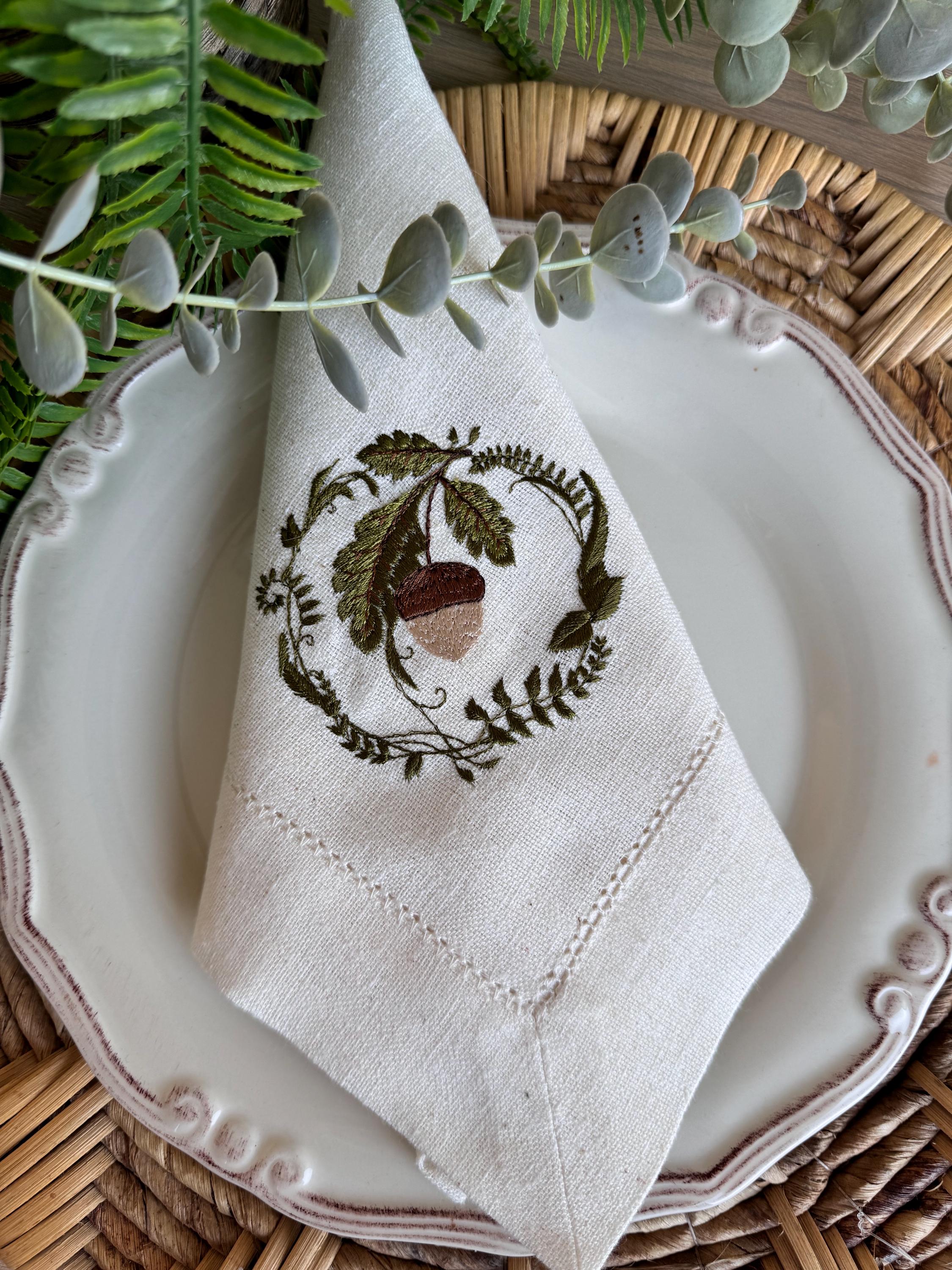 Rustic Fall Linen Napkins With Acorn Embroidery – Autumn Thanksgiving ...