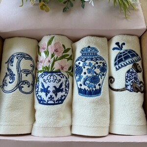 Chinoiserie Embroidered Turkish Fingertip Towel Set of 4 - Personalized ...
