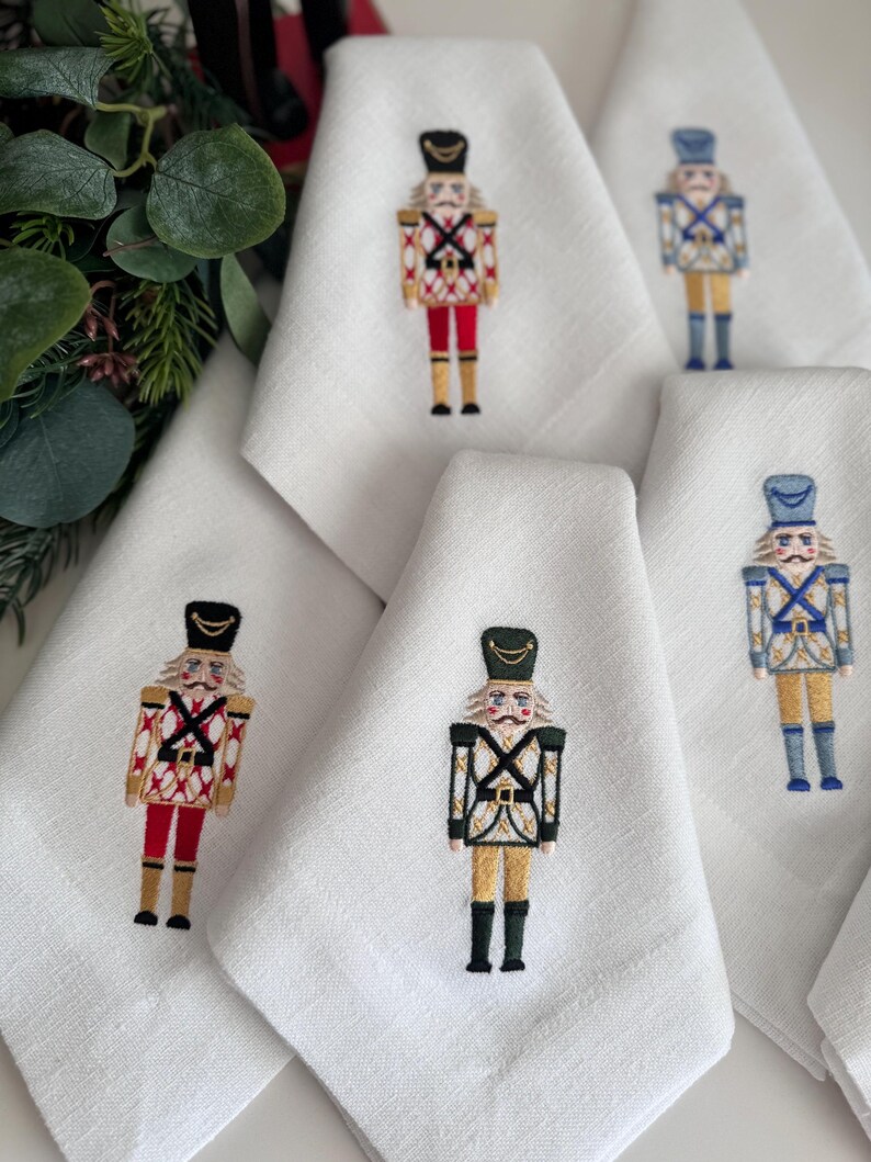 Nutcracker Embroidered Dinner Napkins - Christmas Table Decor Linen ...