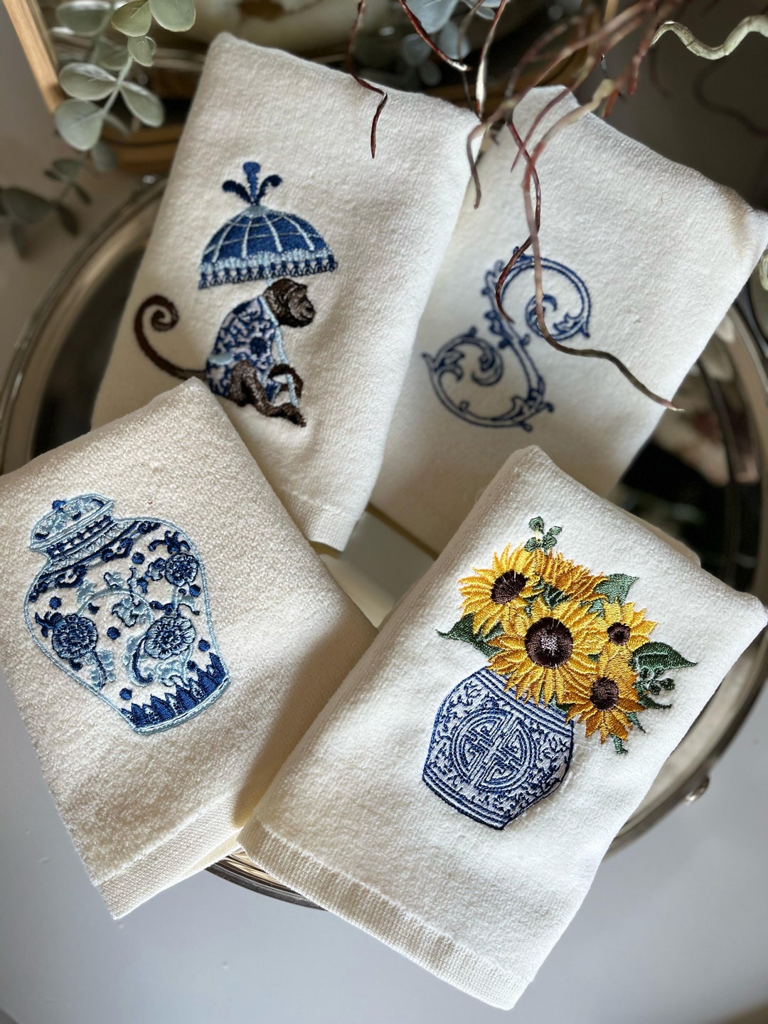Chinoiserie Embroidered Turkish Fingertip Towel Set of 4 - Personalized ...