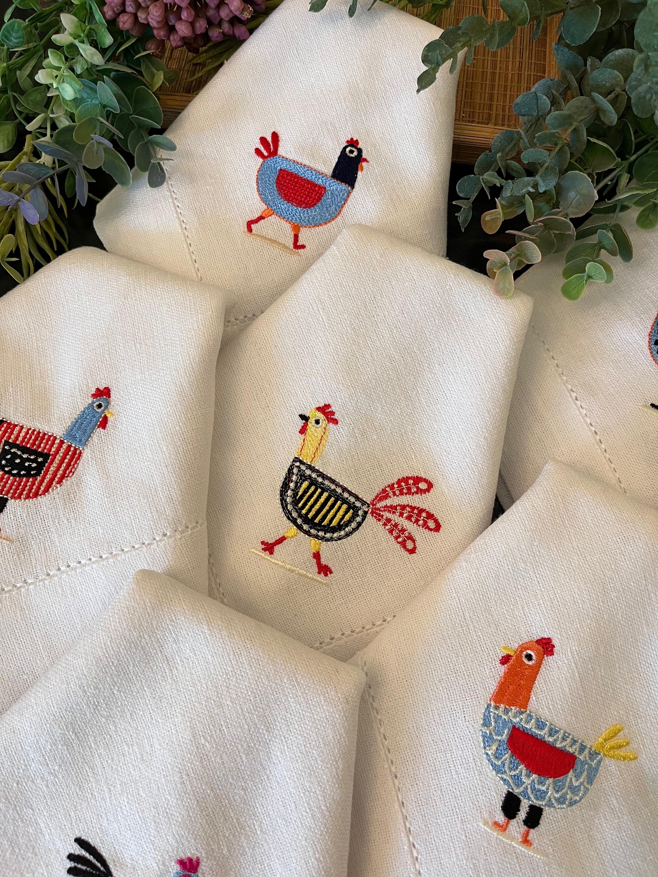 Ebroidered Chicken Cotton Napkins Boho Chicken Table Linen Sets ...