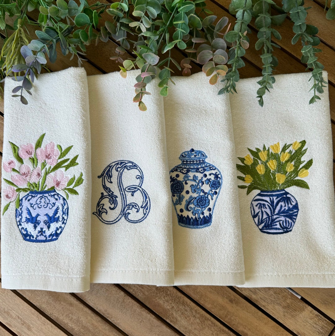 Chinoiserie Embroidered Turkish Fingertip Towel Set of 4 - Personalized ...