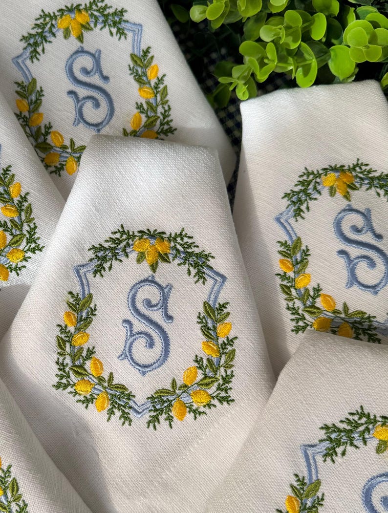 Personalized Lemon Wreath Embroidered Linen Napkin - Custom Initials ...