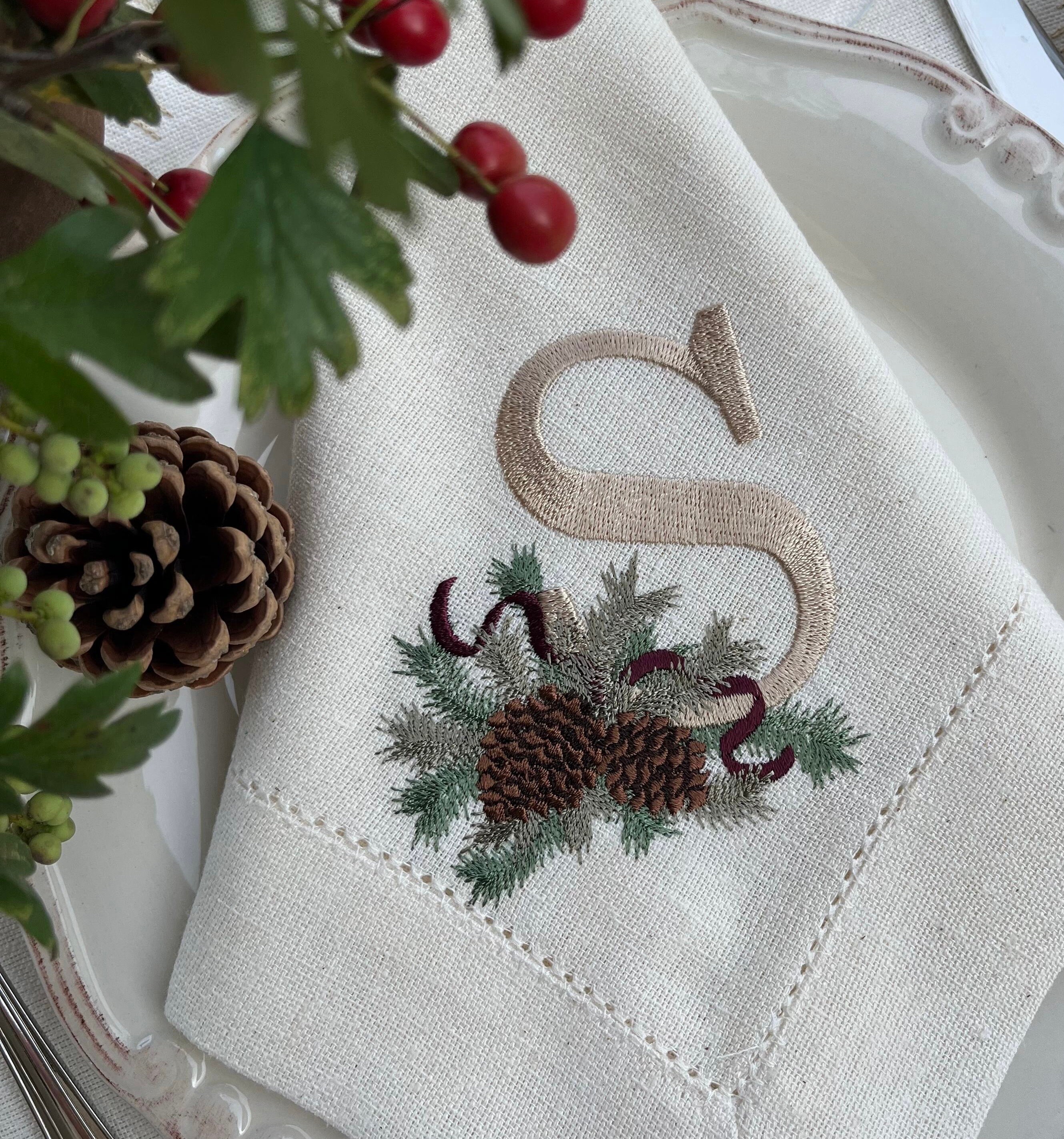 Embroidered Linen Napkins With Pine Cone Monogrammed Perfect ...