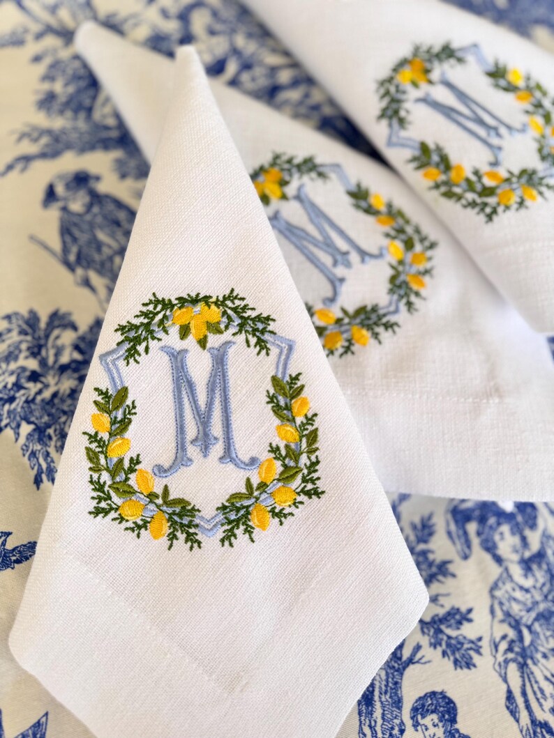 Personalized Lemon Wreath Embroidered Linen Napkin - Custom Initials ...