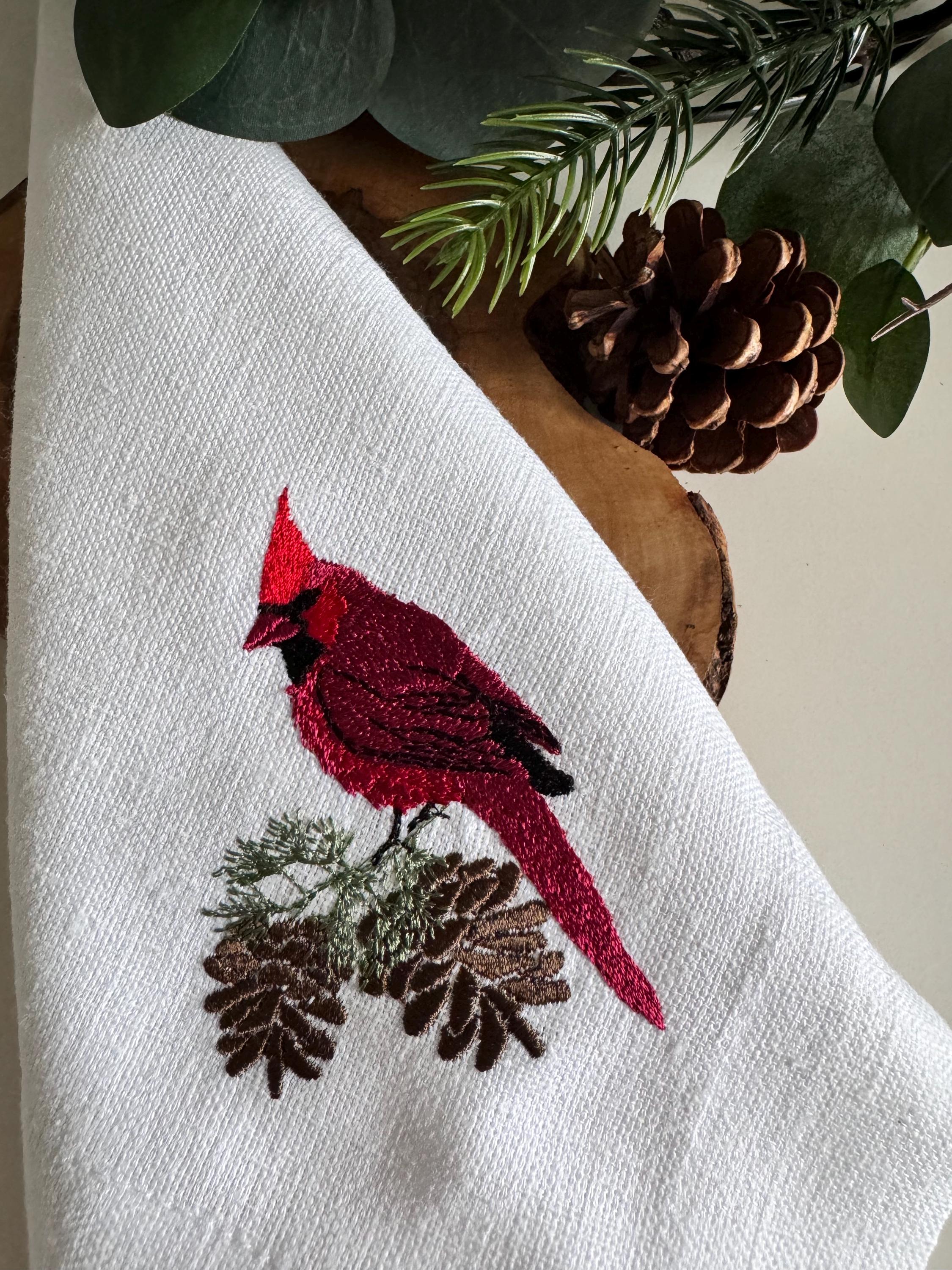 Red Cardinal Embroidered Linen Napkins - Christmas Dinner Napkins ...