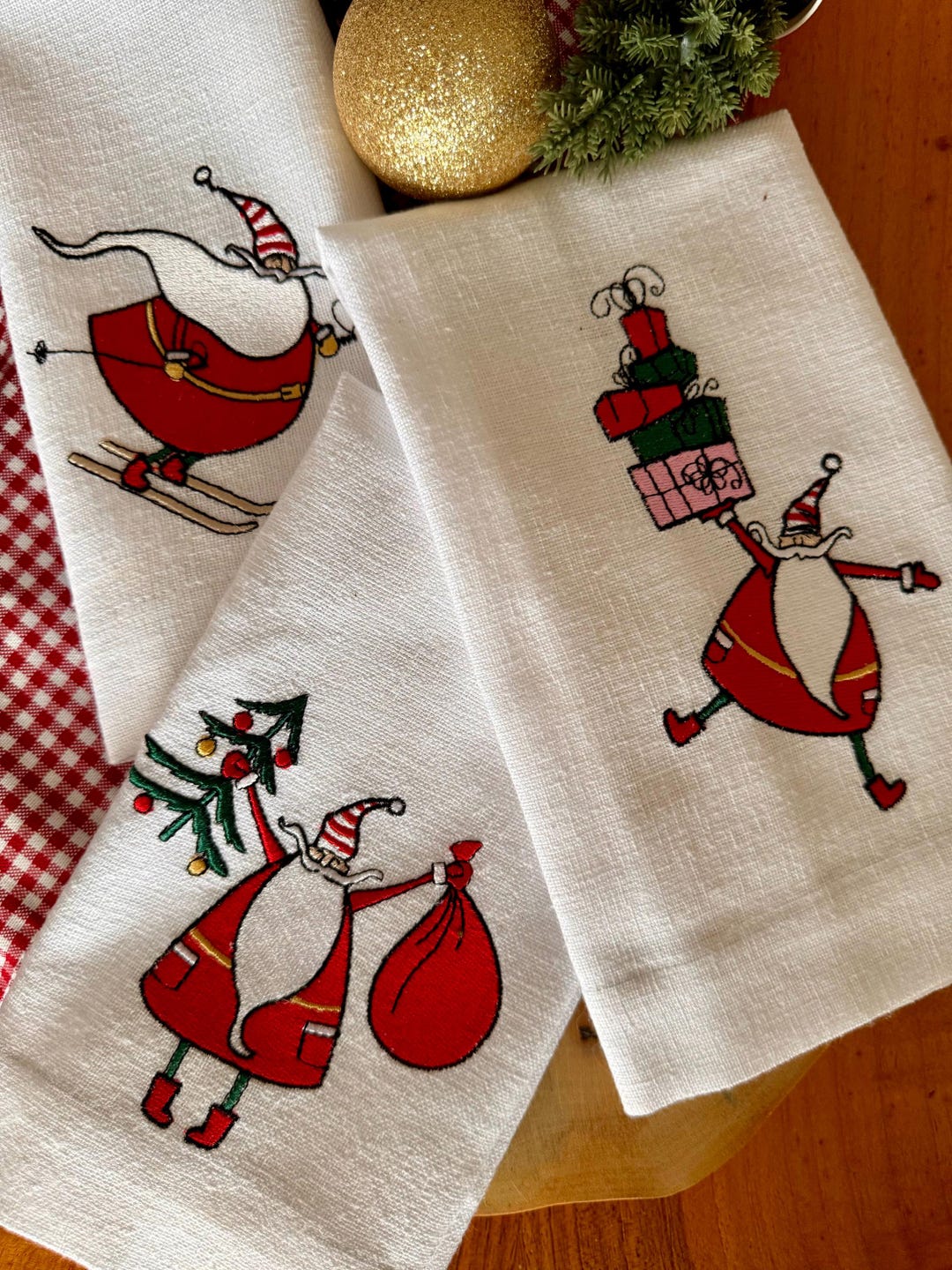 Christmas Embroidered Linen Napkins | Santa Claus Trio Set | Festive ...