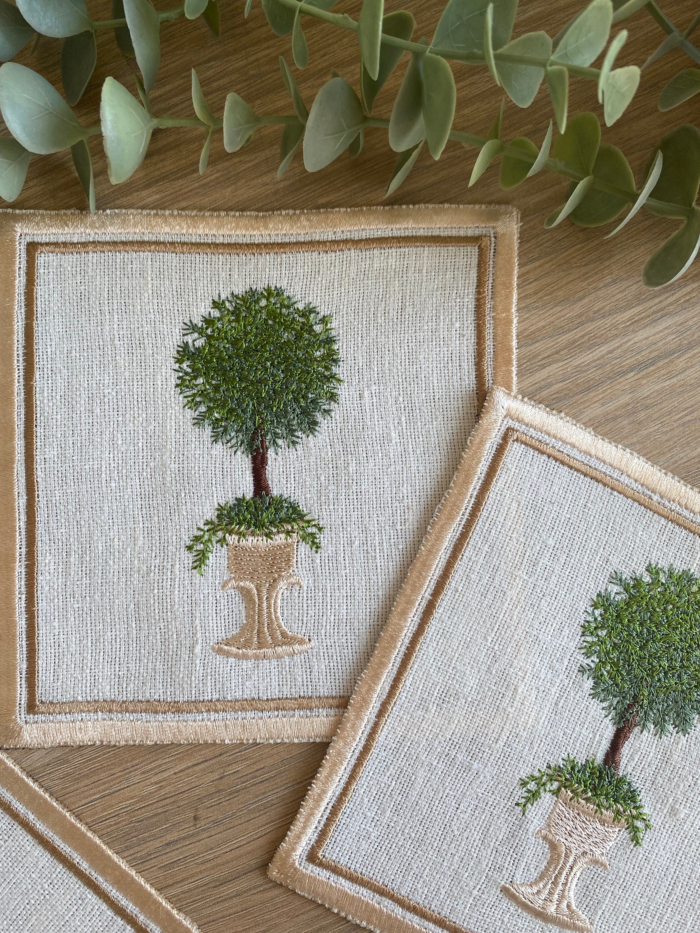 Realistic Winter Topiary Embroidered Linen Cocktail Napkins - Rustic ...
