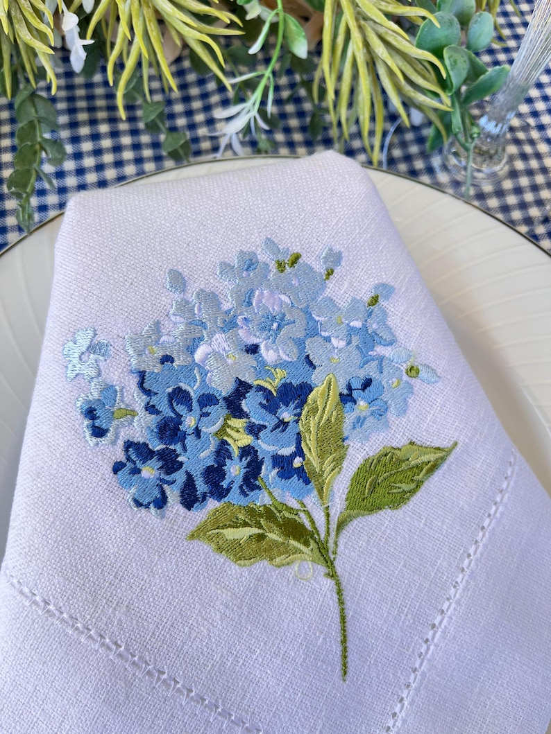 Hydrangea Linen Napkins - Elegant Embroidered Linen - Luxury Farmhouse ...