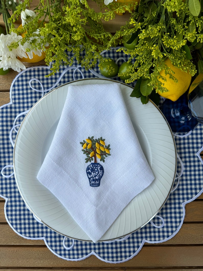 Luxury Sicilian Lemon Embroidered Linen Napkin - Chinoiserie Fresh Look ...