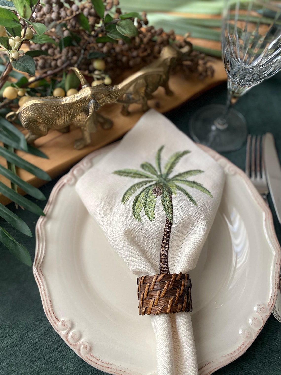 Palm Tree Embroidered Linen Napkins | Tropical Napkins for Beach ...