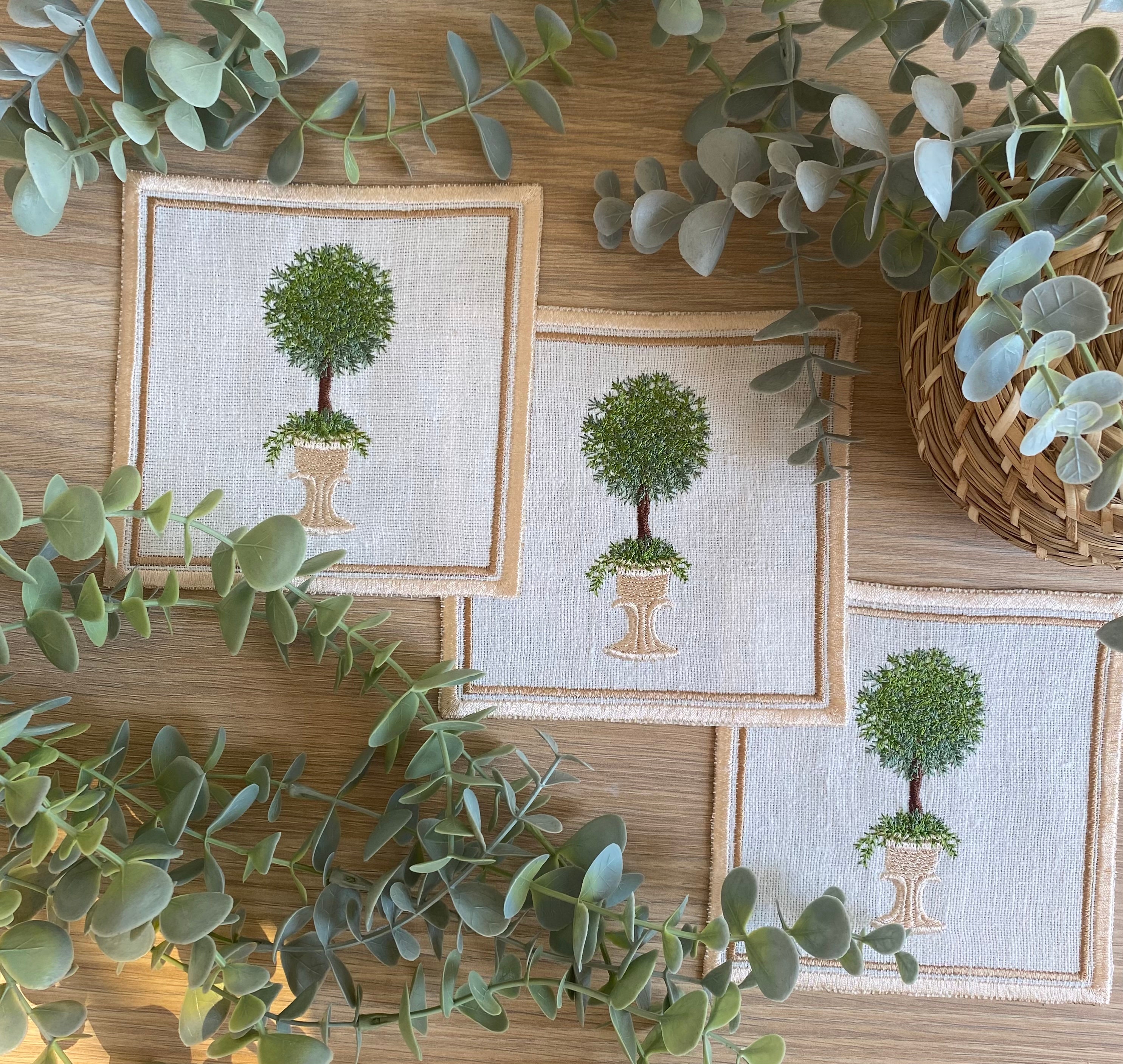 Realistic Winter Topiary Embroidered Linen Cocktail Napkins - Rustic ...