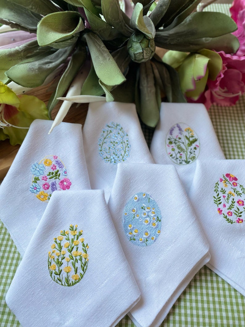 Easter Linen Napkin Set With Floral Embroidery 6 Designs, Easter Dinner Cloth Napkins, Wild ...