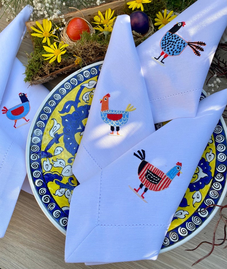 Ebroidered Chicken Cotton Napkins Boho Chicken Table Linen Sets ...