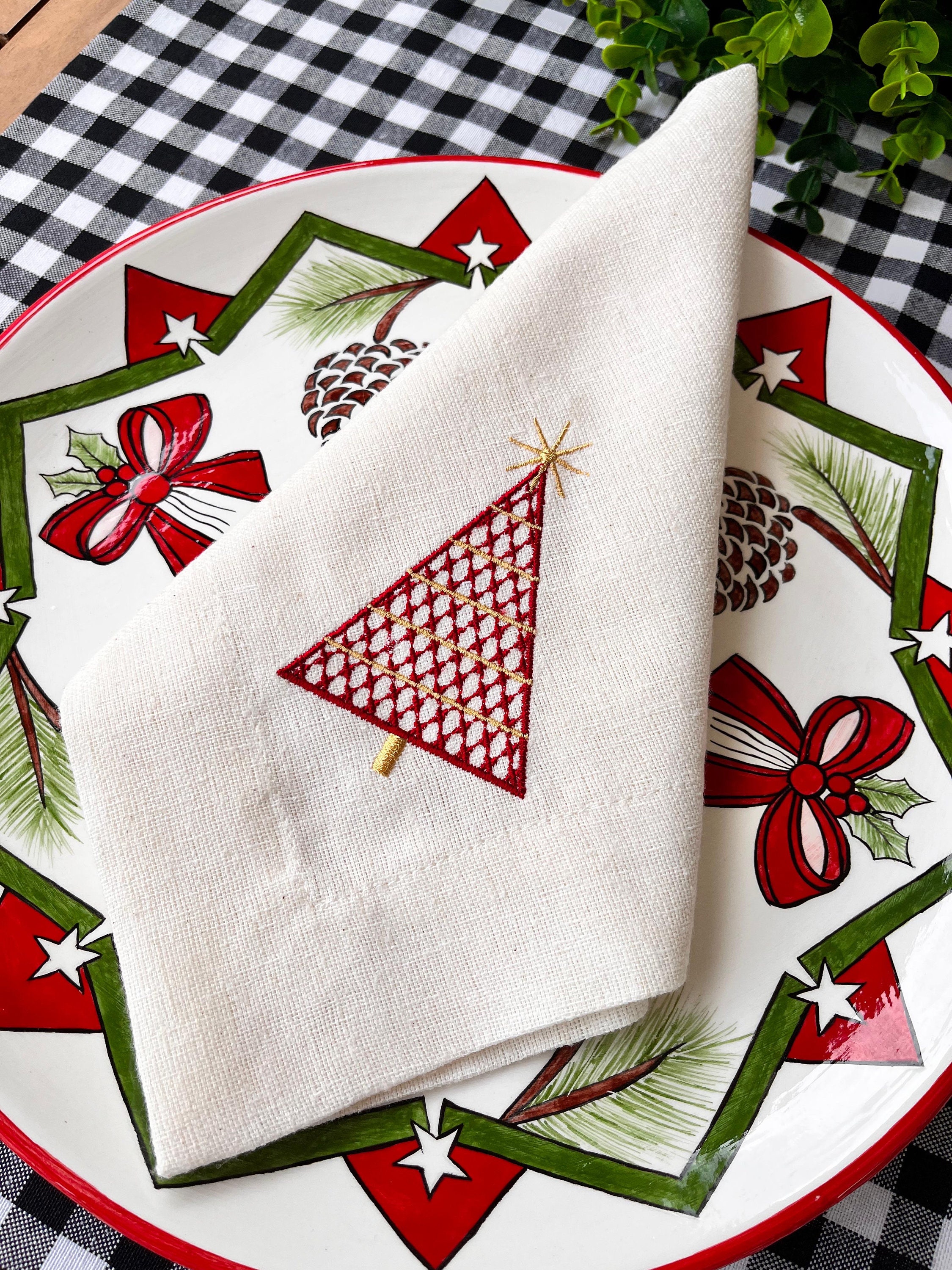 Embroidered Christmas Tree Linen Napkins Perfect Housewarming ...