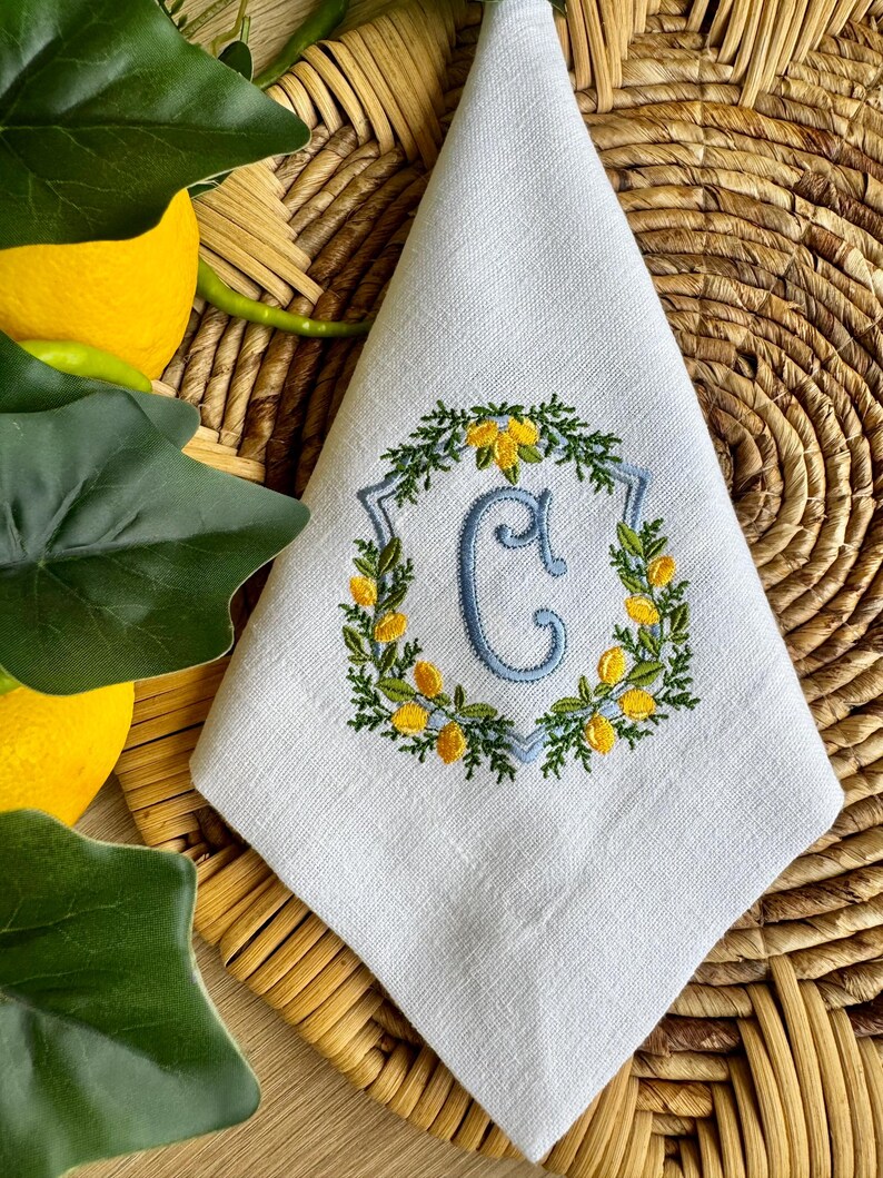 Personalized Lemon Wreath Embroidered Linen Napkin - Custom Initials ...