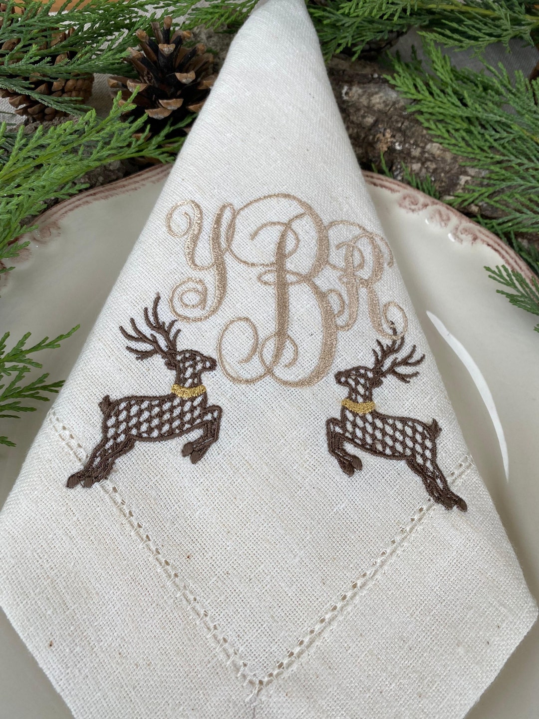 Embroidered Christmas Reindeer Linen Napkins - Monogrammed Christmas ...