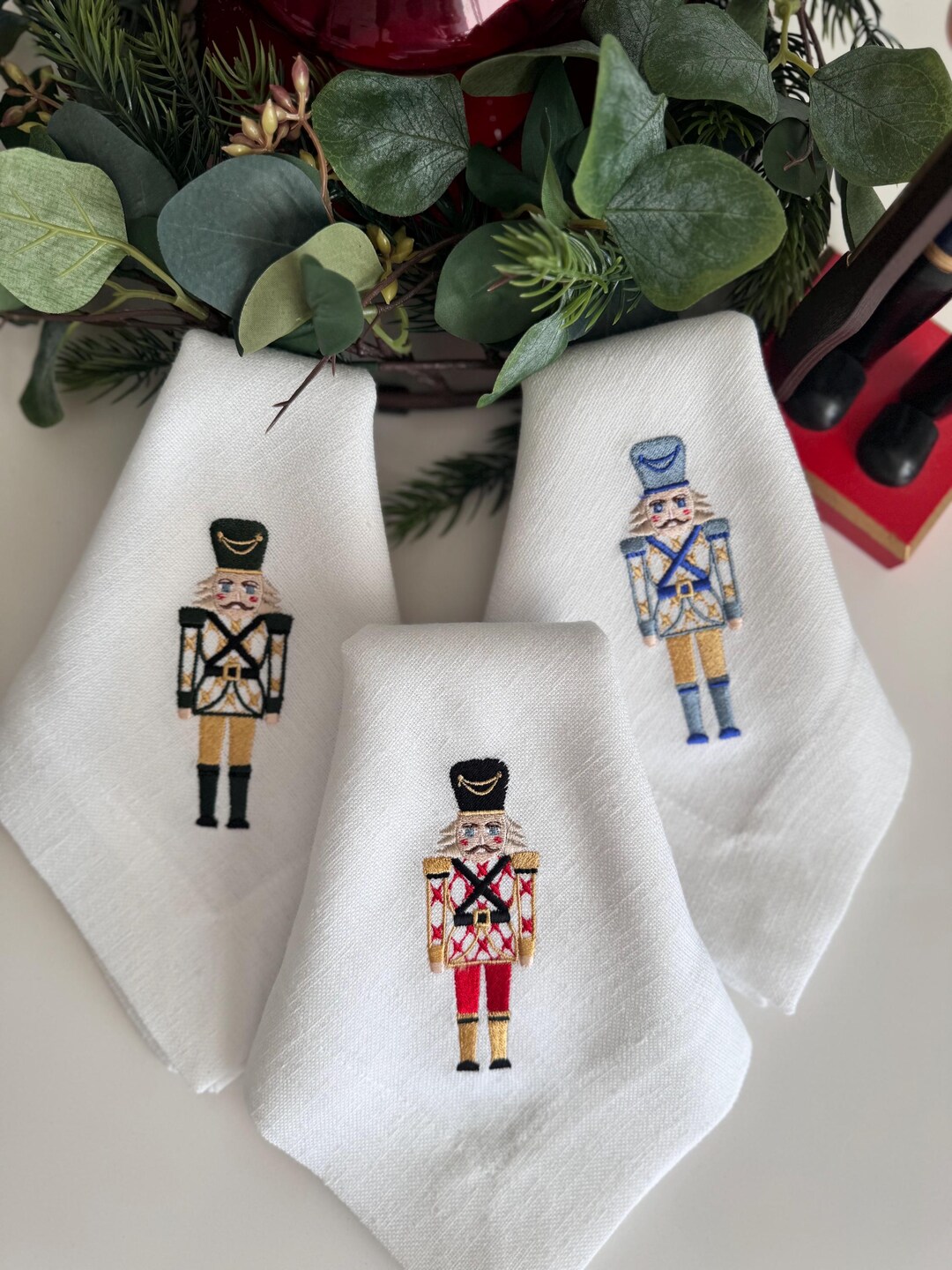 Nutcracker Embroidered Dinner Napkins - Christmas Table Decor Linen ...