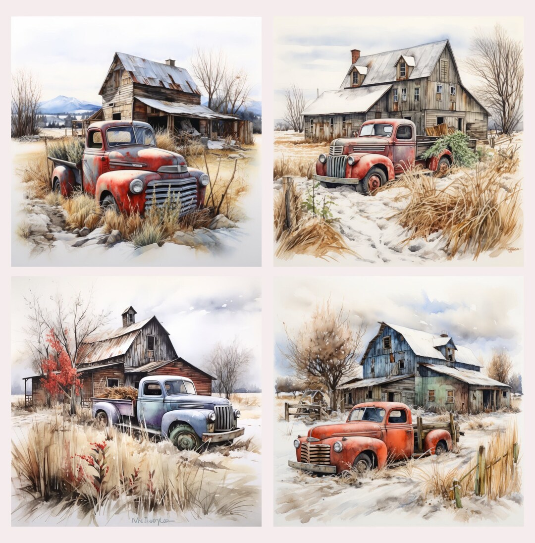 4 Designs, PNG Digital File Winter Rustic Scene With Barn and Vintage ...