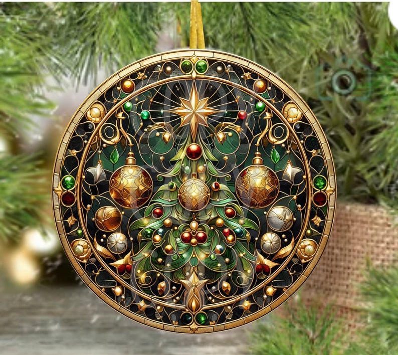 PNG Digital File Red Stained Glass Christmas Tree Round Design - Etsy