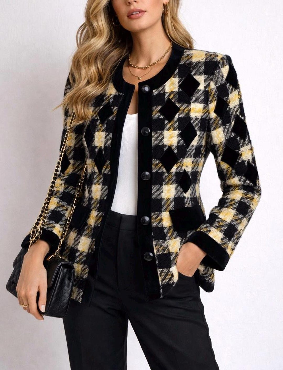 Escada Margaretha Ley Vintage Wool Textured Jacket Plaid Velvet Trim ...