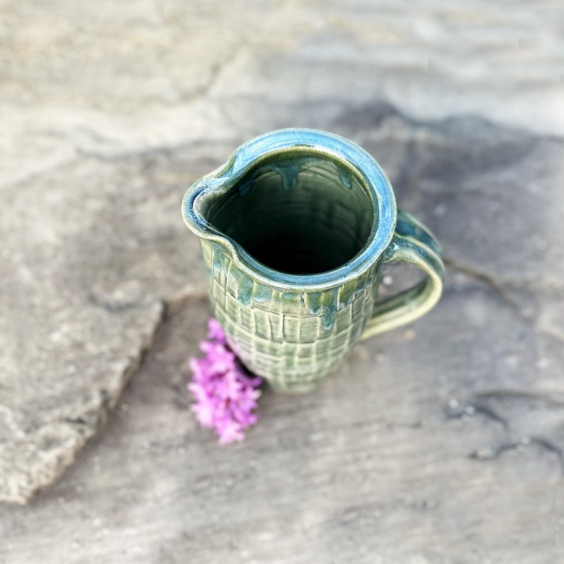 Large Sage Green Ceramic Pitcher Carved Wheel Thrown Pottery Pitcher ...