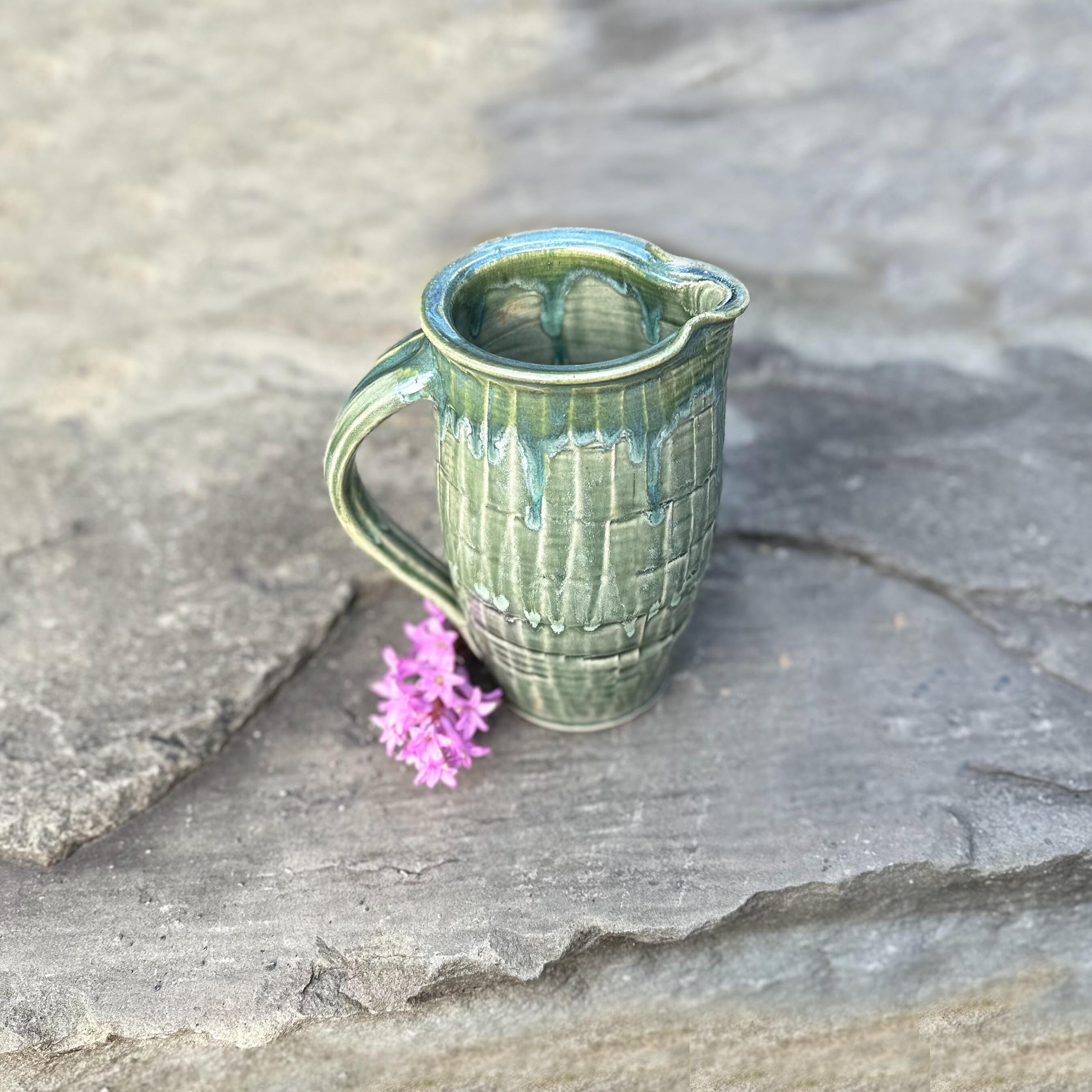 Large Sage Green Ceramic Pitcher Carved Wheel Thrown Pottery Pitcher ...