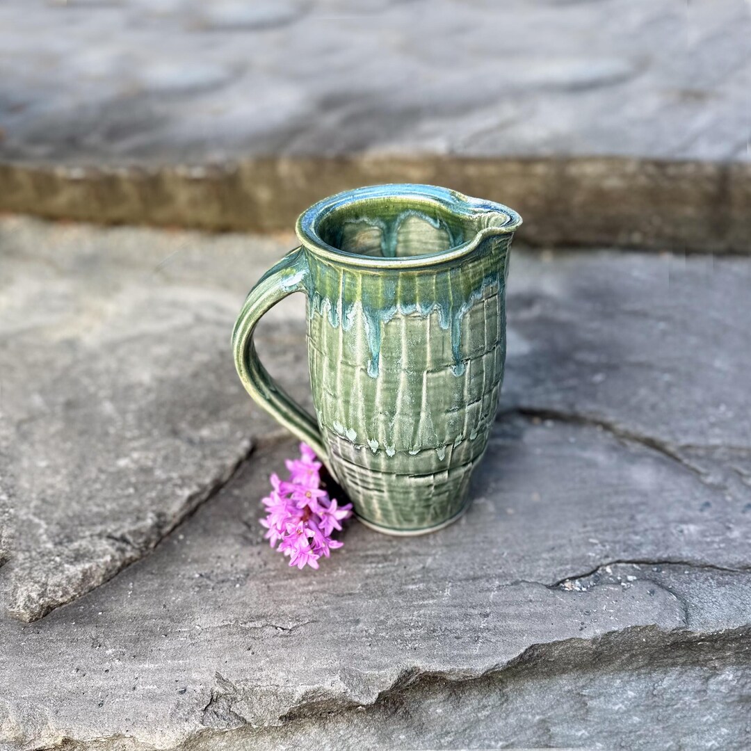 Large Sage Green Ceramic Pitcher Carved Wheel Thrown Pottery Pitcher ...