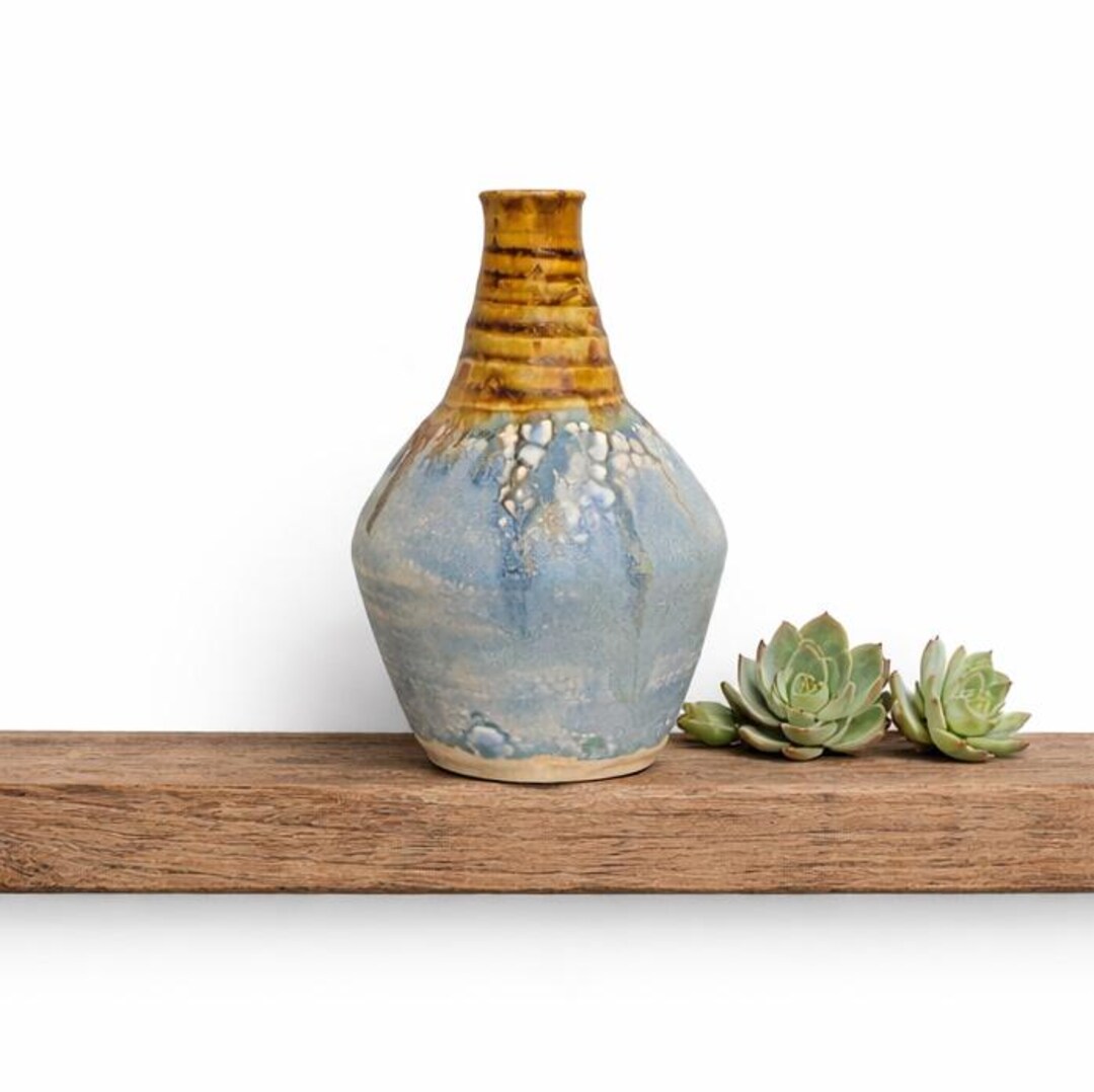 Handmade Light Blue Ceramic Vase: Amber Neck Rustic Stoneware Bottle, 5 ...