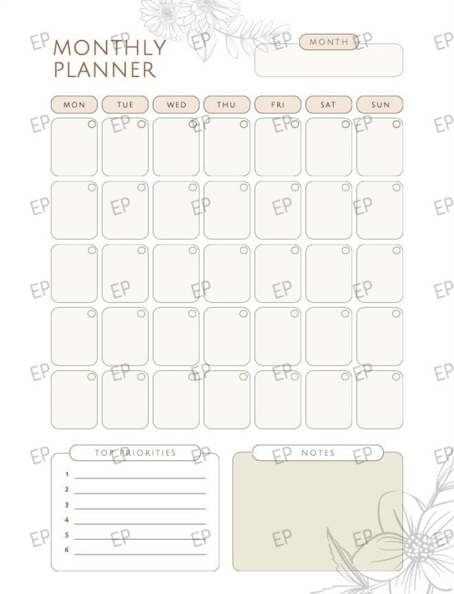 Monthly Planner Printable, Instant Download, Daily Planner ...