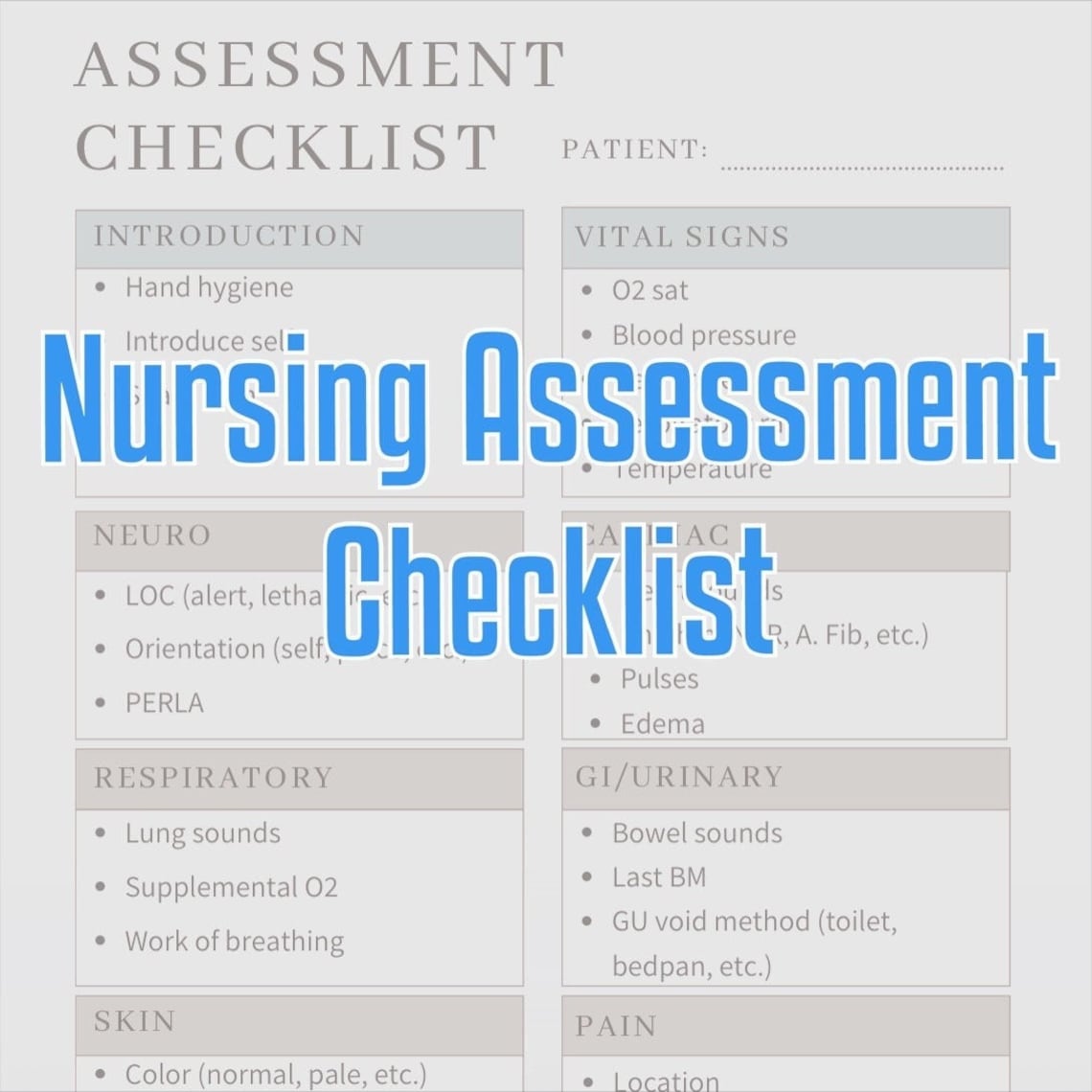 Nursing Assessment Checklist, Head-to-toe Assessment, RN, LPN/LVN ...