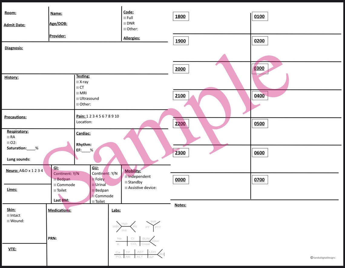 Nurse Report Sheet, General Med/surg, Night Shift - RN, LPN/LVN ...