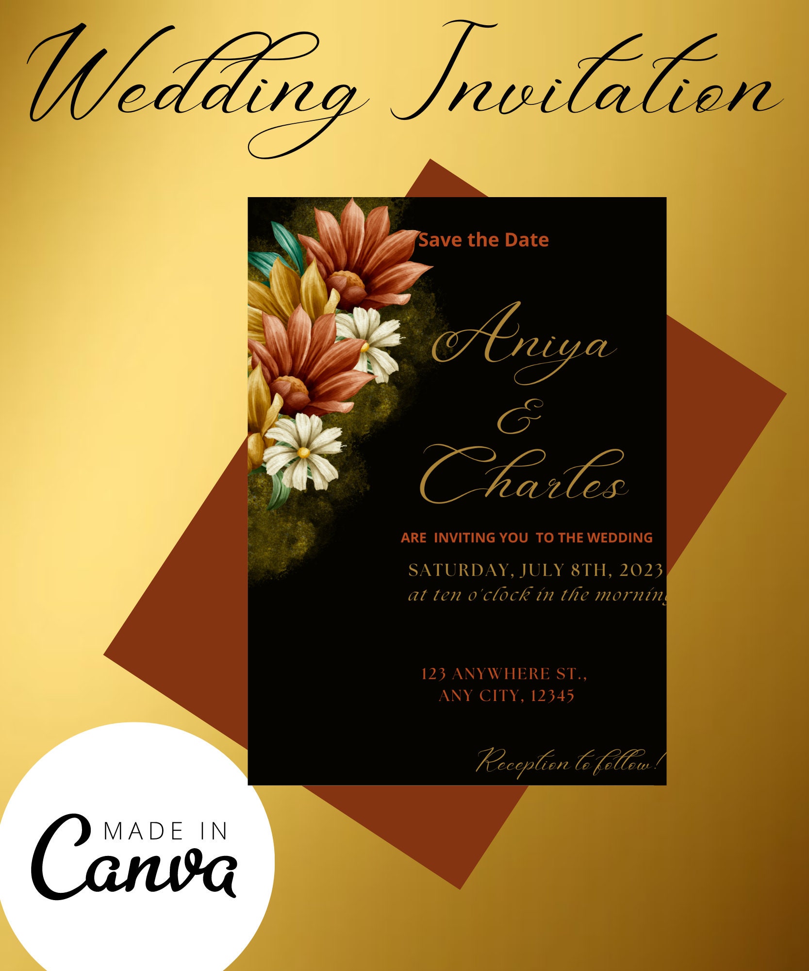Orange& Gold Flower Editable Wedding Invitation Bl Background. CANVA ...