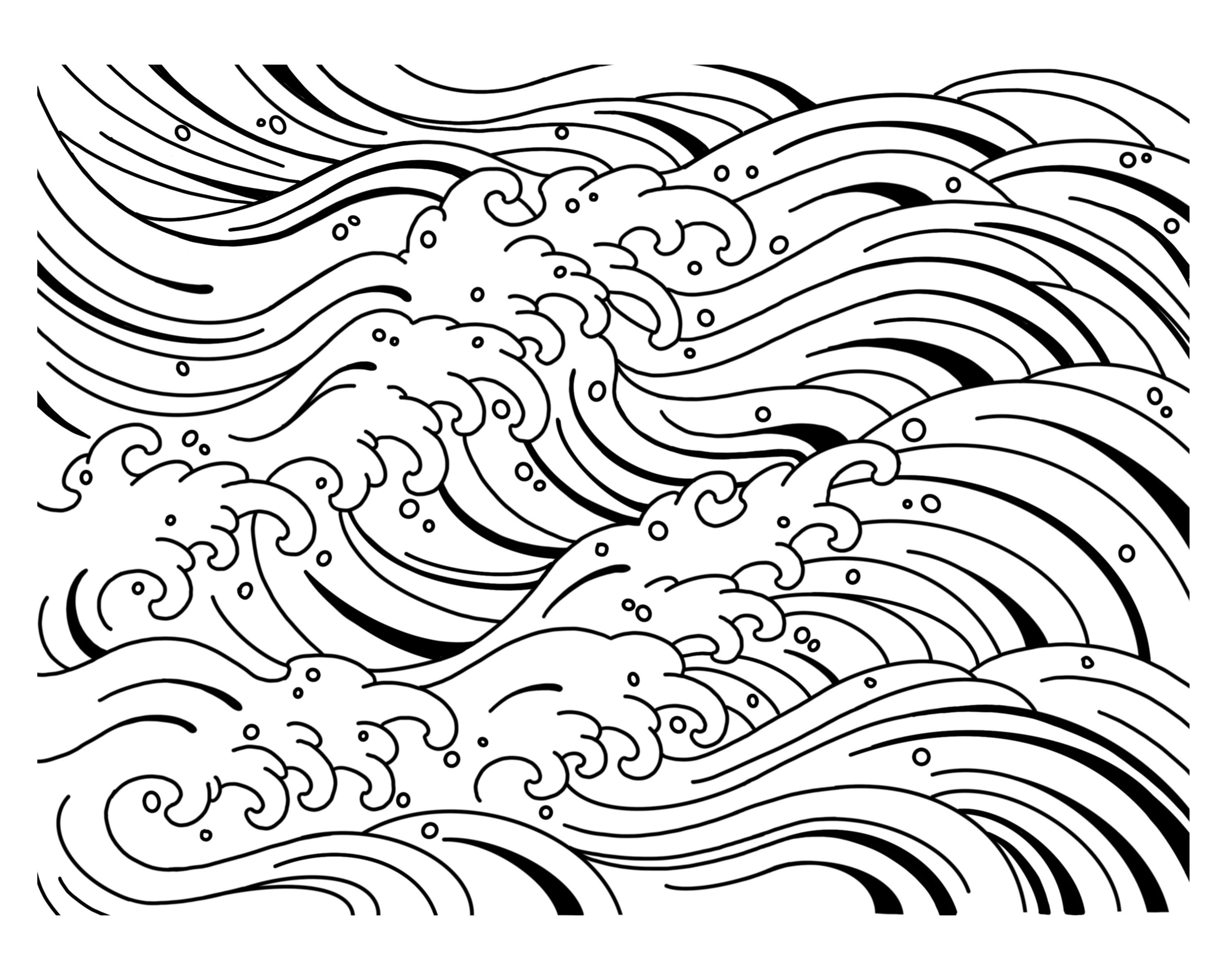 Ocean Wall Art Flowing Line Drawing Rolling Japanese Illustration ...