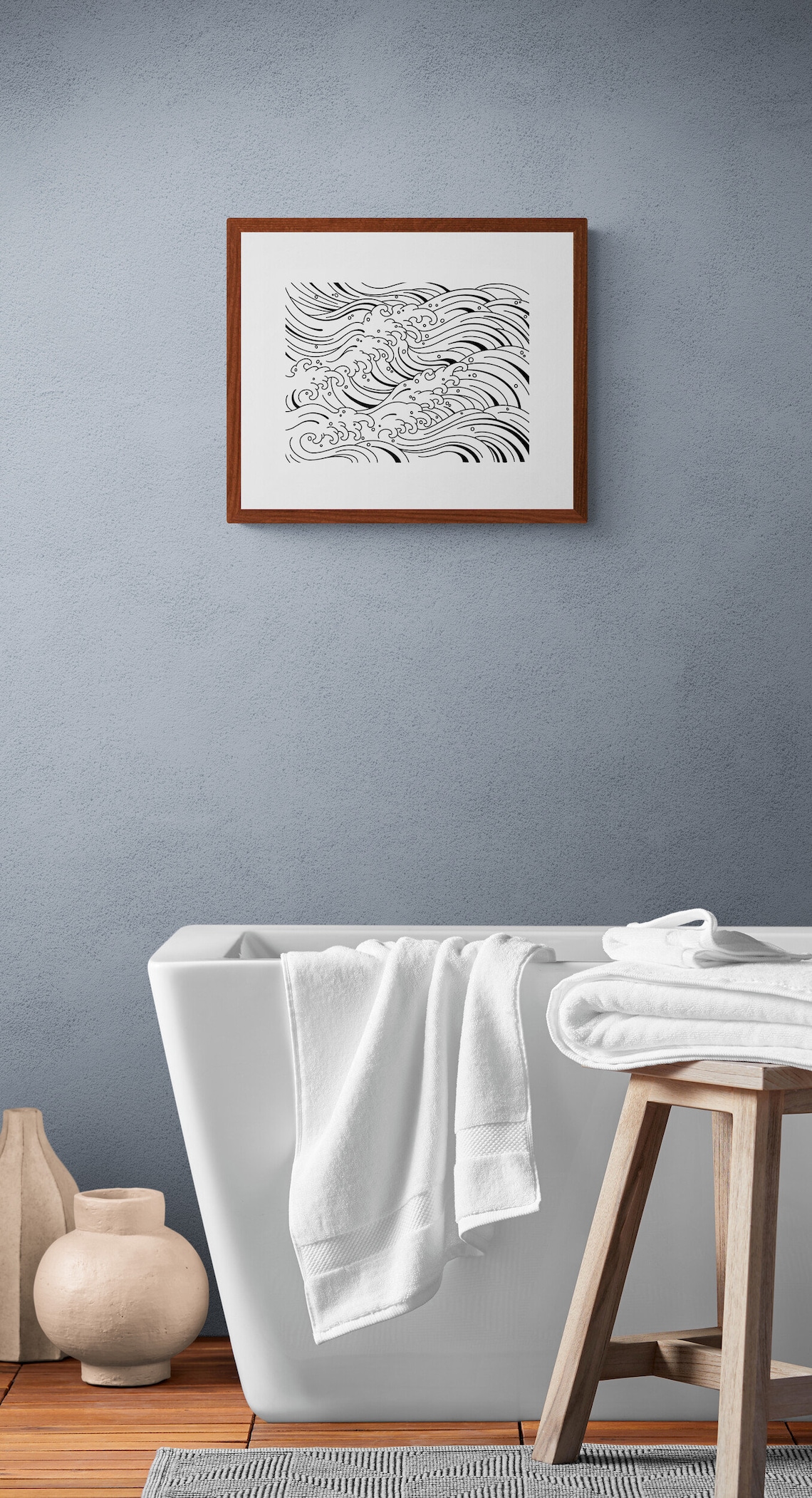 Ocean Wall Art Flowing Line Drawing Rolling Japanese Illustration ...