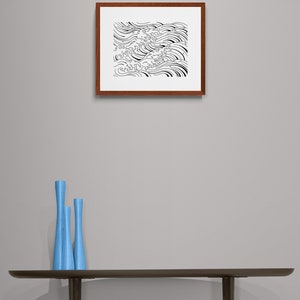 Ocean Wall Art Flowing Line Drawing Rolling Japanese Illustration ...