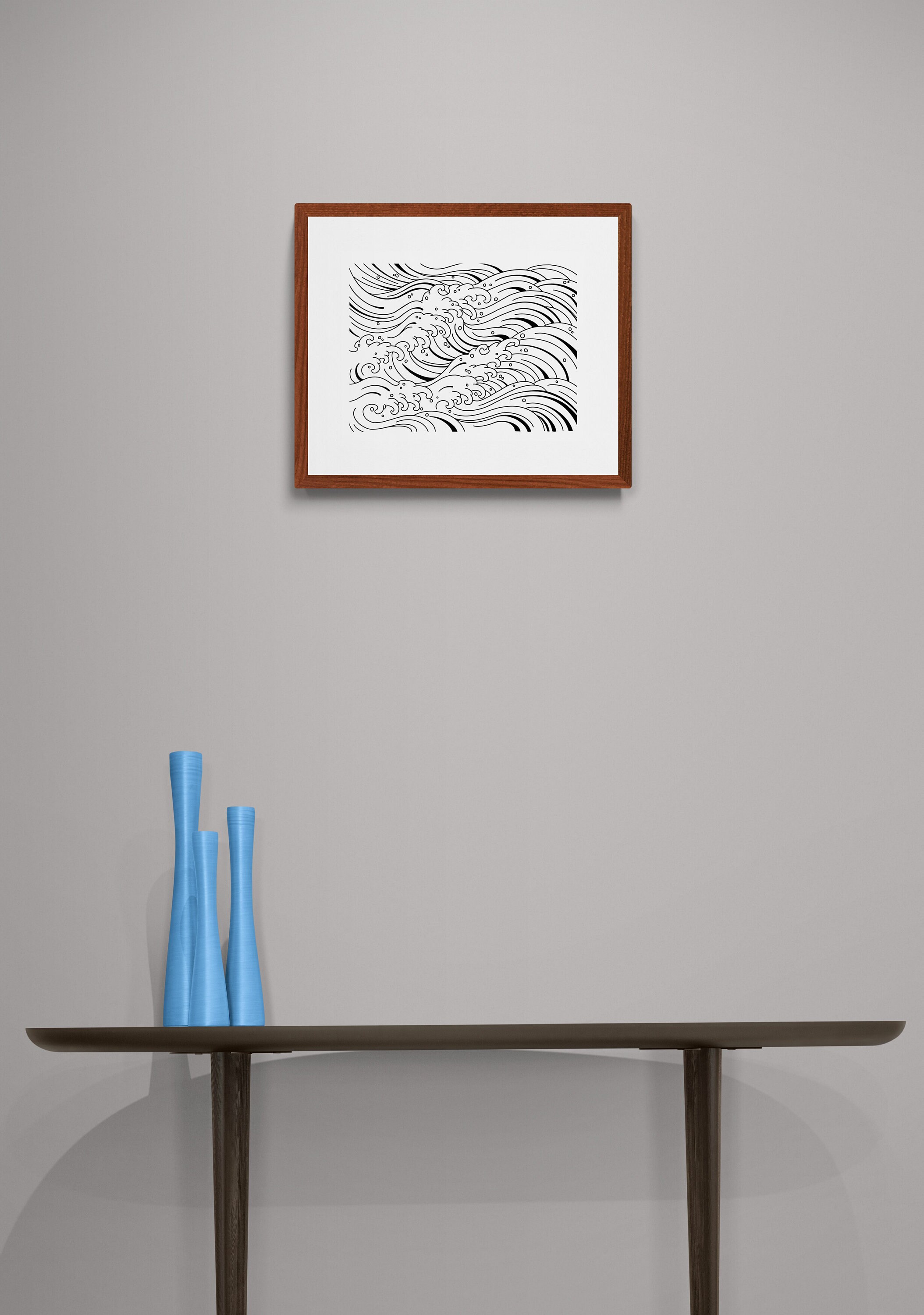 Ocean Wall Art Flowing Line Drawing Rolling Japanese Illustration ...