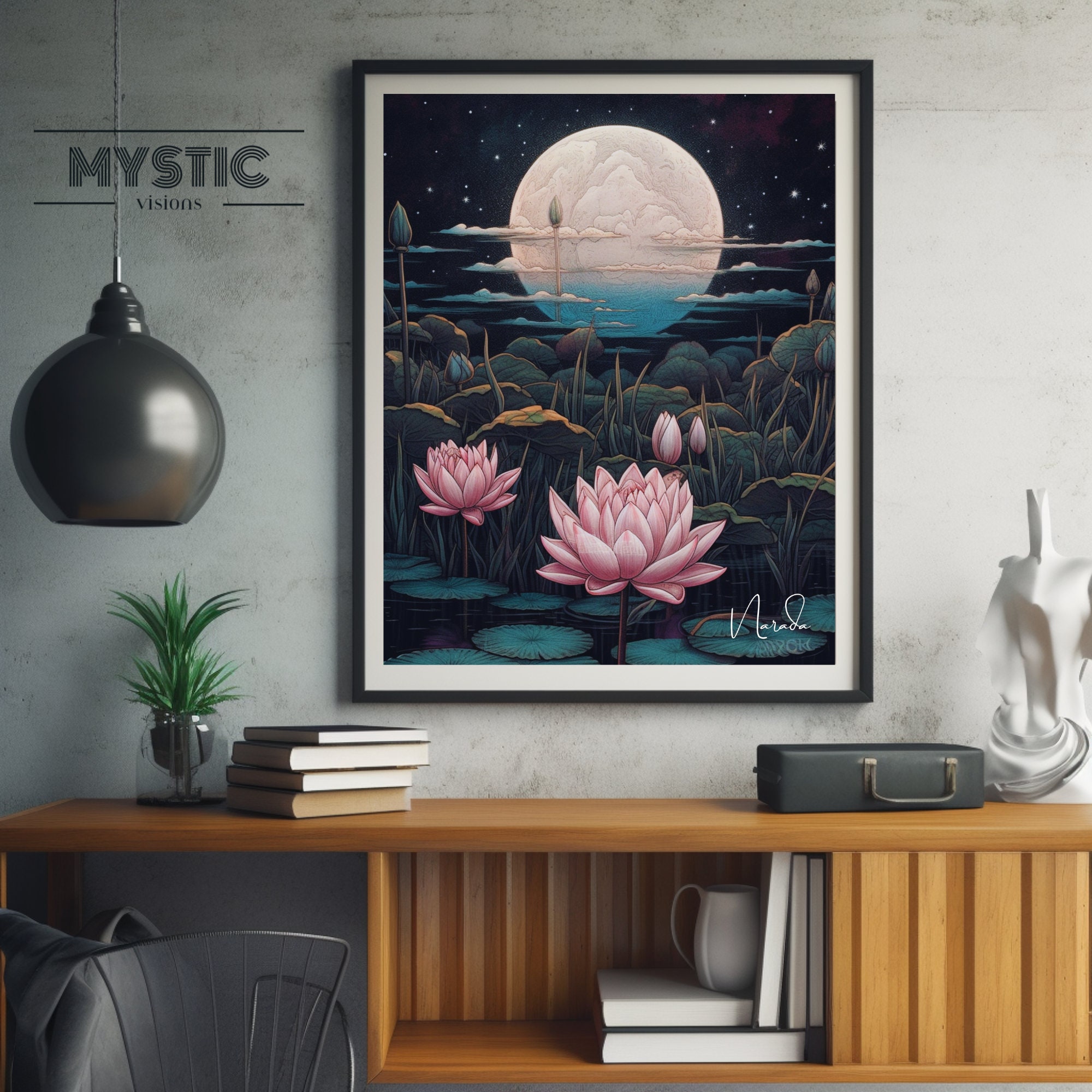 Full Moon Lotus Flower Wall Art Zen Print Set Spiritual Wall - Etsy