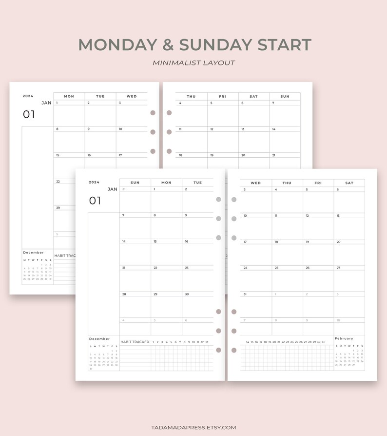 2024 Dated Monthly Calendar Printable, Month on Two Pages, Monthly ...