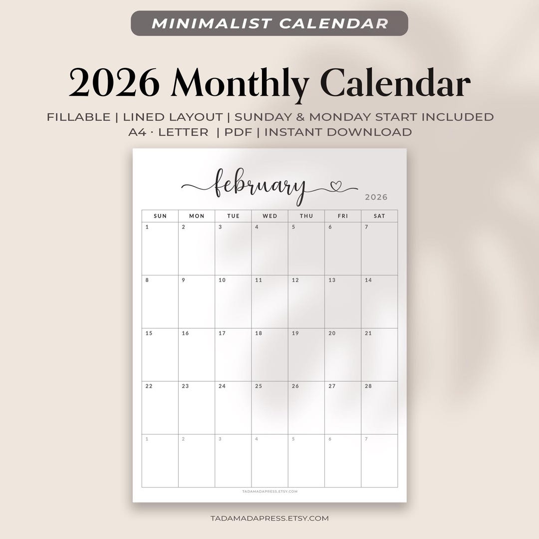 2026 Editable Fillable Monthly Calendar Printable PDF, Block and Lined ...