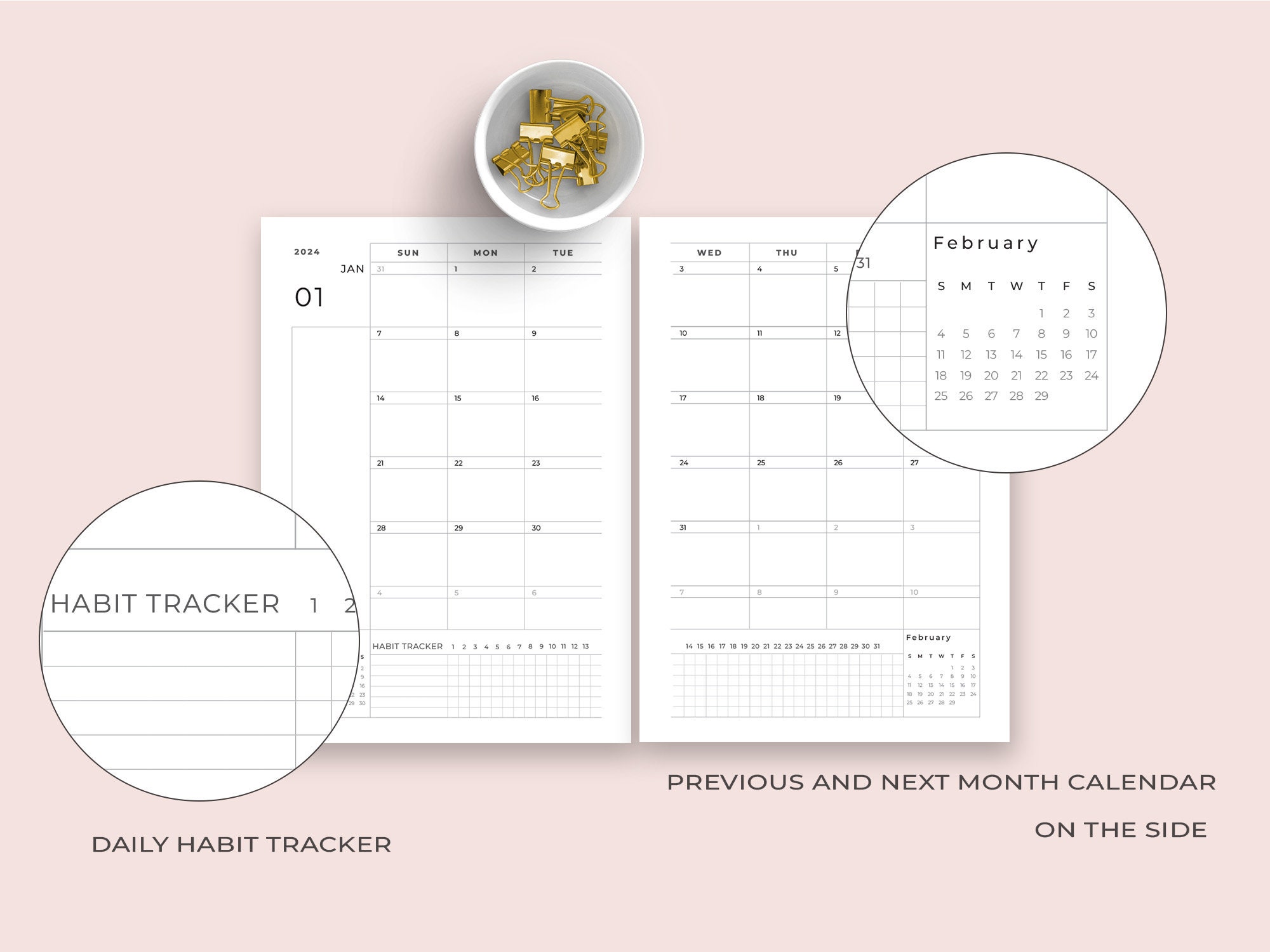 2024 Dated Monthly Calendar Printable, Month on Two Pages, Monthly ...
